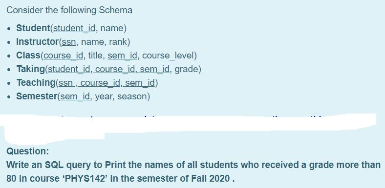 Solved Consider the following Schema • Student(student_id, | Chegg.com