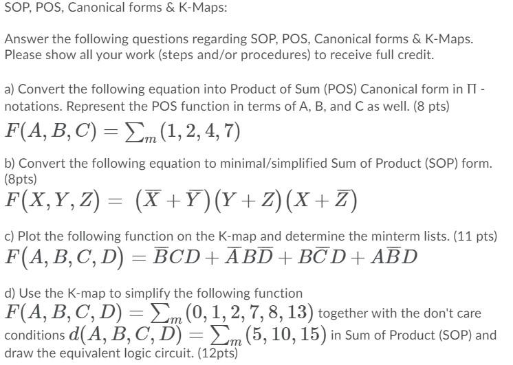 Solved SOP, POS, Canonical forms & K-Maps: Answer the | Chegg.com