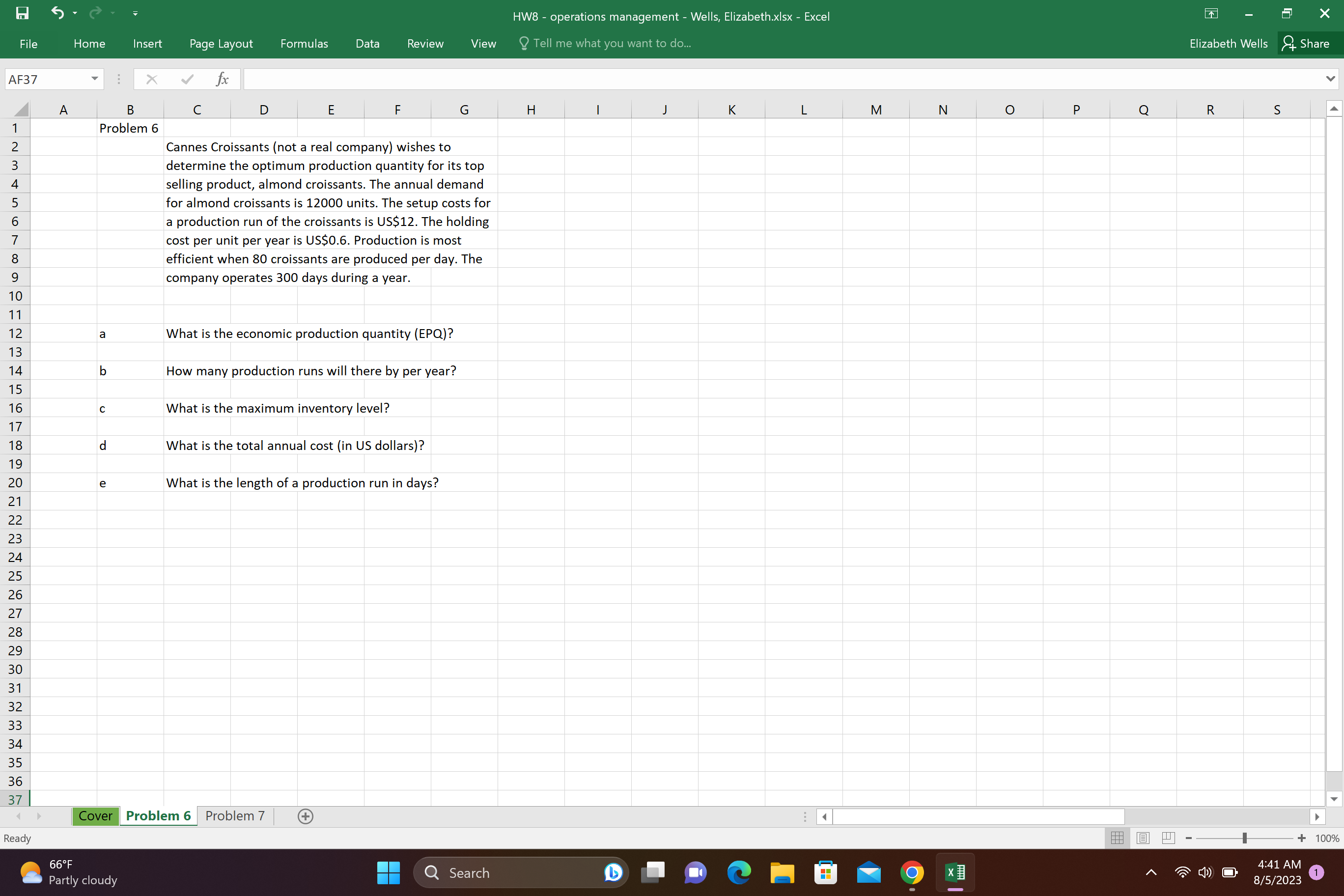 Solved HW8 - operations management - Wells, Elizabeth.xlsx - | Chegg.com