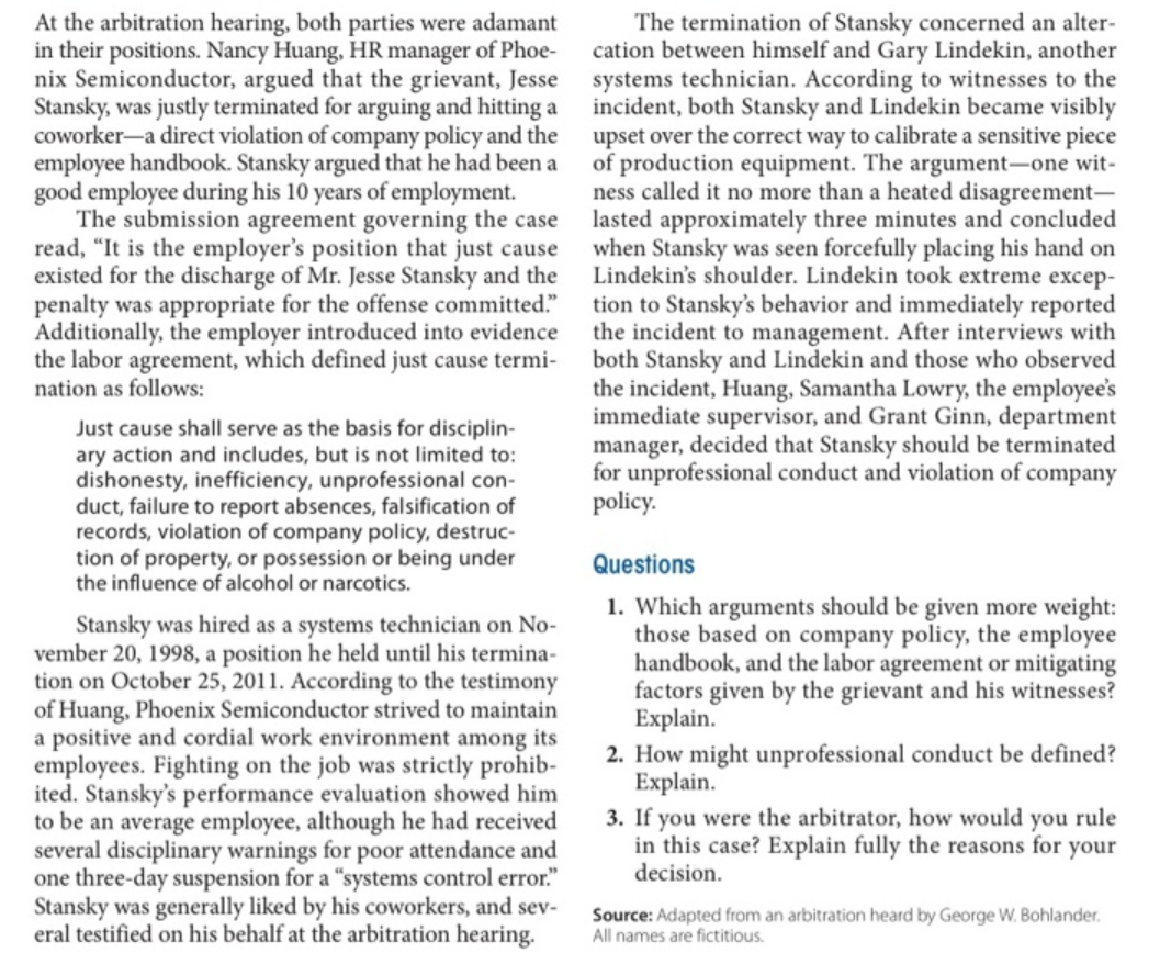 Solved Read, The Arbitration Case of Jesse Stansky, and | Chegg.com