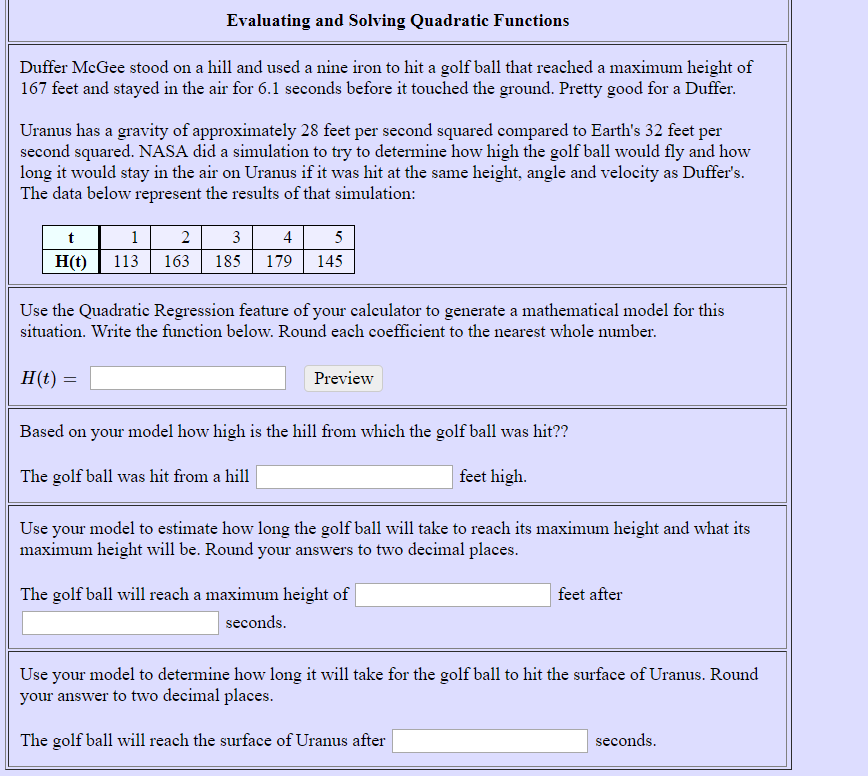 Solved Evaluating and Solving Quadratic Functions Duffer | Chegg.com