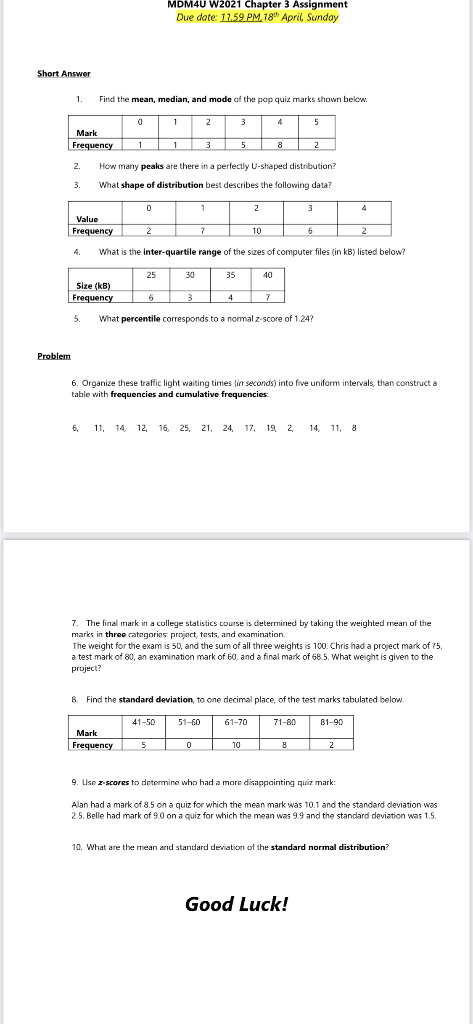 Solved MDM4U W2021 Chapter 3 Assignment Due date: 11.59 PM. | Chegg.com