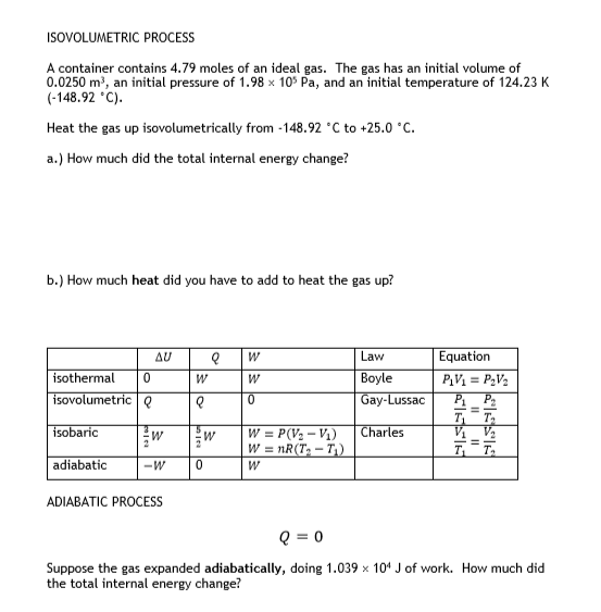 Solved ISOVOLUMETRIC PROCESS A container contains 4.79 moles | Chegg.com