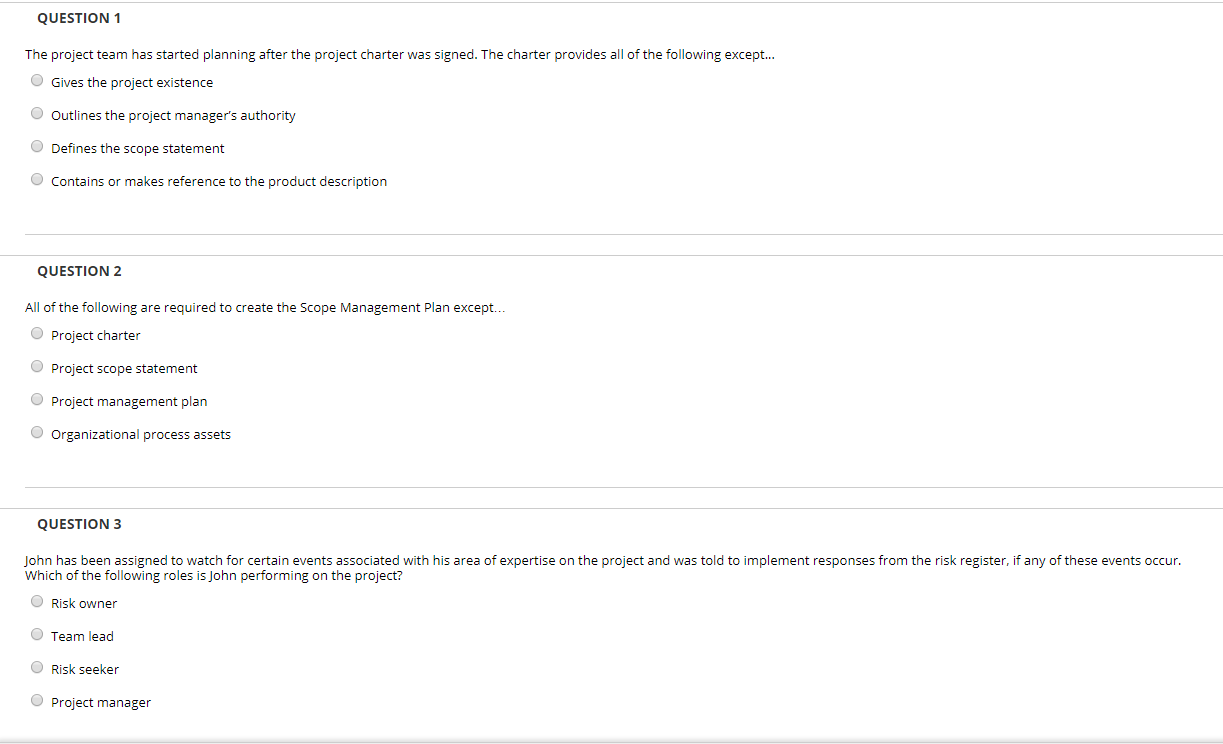 Solved QUESTION 1 The project team has started planning | Chegg.com