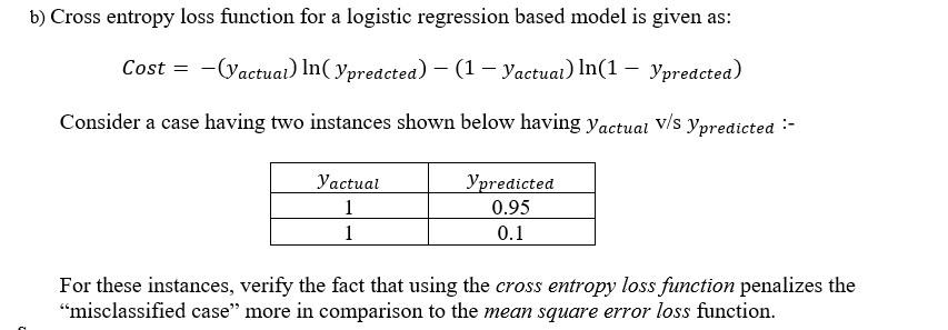 Solved b) Cross entropy loss function for a logistic | Chegg.com
