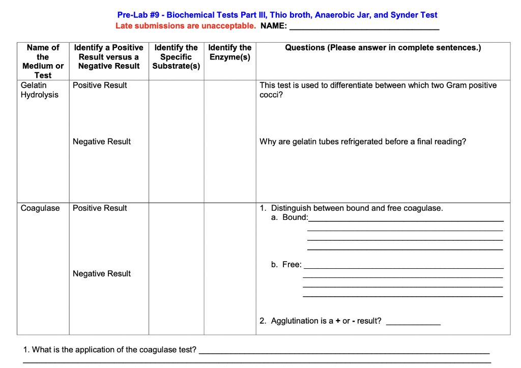 Solved Pre-Lab #9 - Biochemical Tests Part III, Thio broth, | Chegg.com