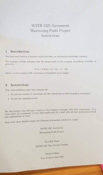 Solved MATH 1325 Assessment Maximizing Profit Project | Chegg.com