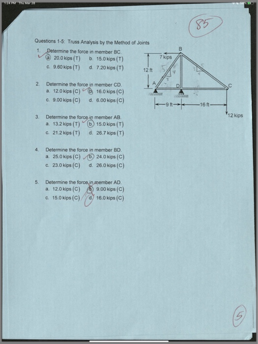 Solved Questions 1-5 Truss Analysis by the Method of Joints | Chegg.com