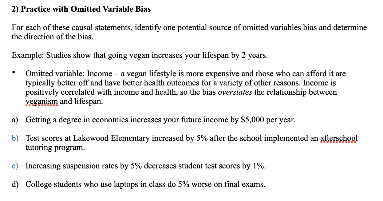 Solved 2) Practice with Omitted Variable Bias For each of | Chegg.com
