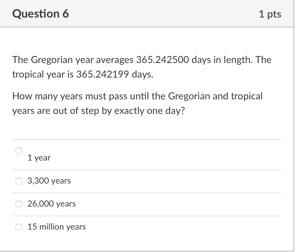 Solved Question 6 1 pts The Gregorian year averages | Chegg.com