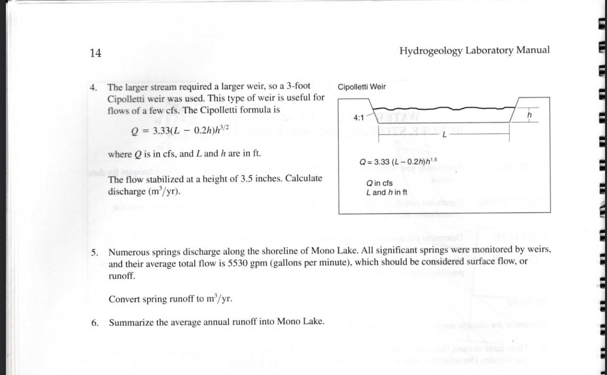 Solved 14 Hydrogeology Laboratory Manual Cipolletti Weir 4. | Chegg.com