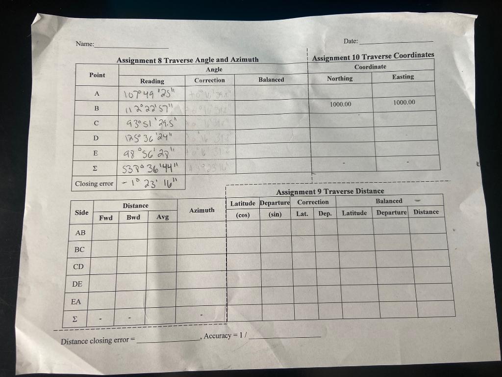 Solved Name: Date: Point A B C D Assignment 8 Traverse Angle | Chegg.com