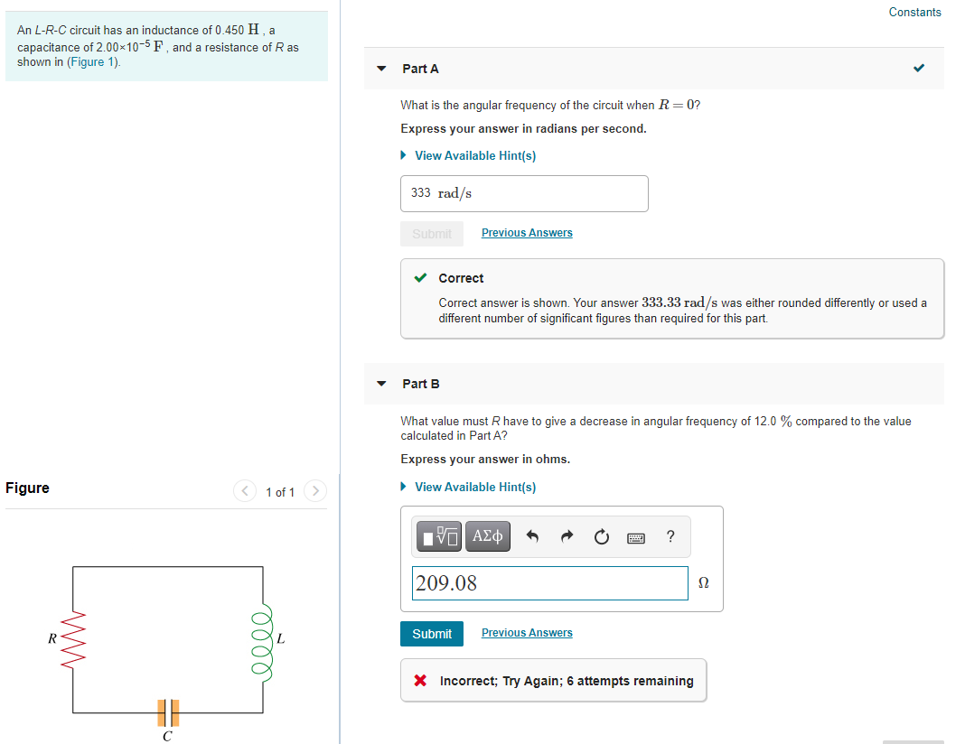 Solved Constants An L-R-C circuit has an inductance of 0.450 | Chegg.com