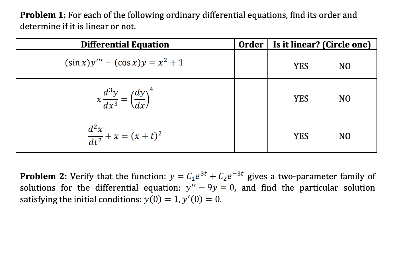 Solved Problem 1: For each of the following ordinary | Chegg.com