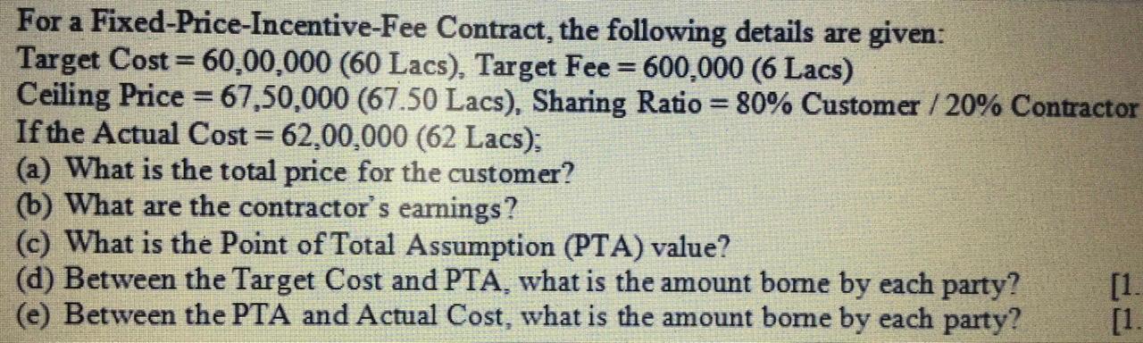 Solved For a Fixed-Price-Incentive-Fee Contract, the | Chegg.com