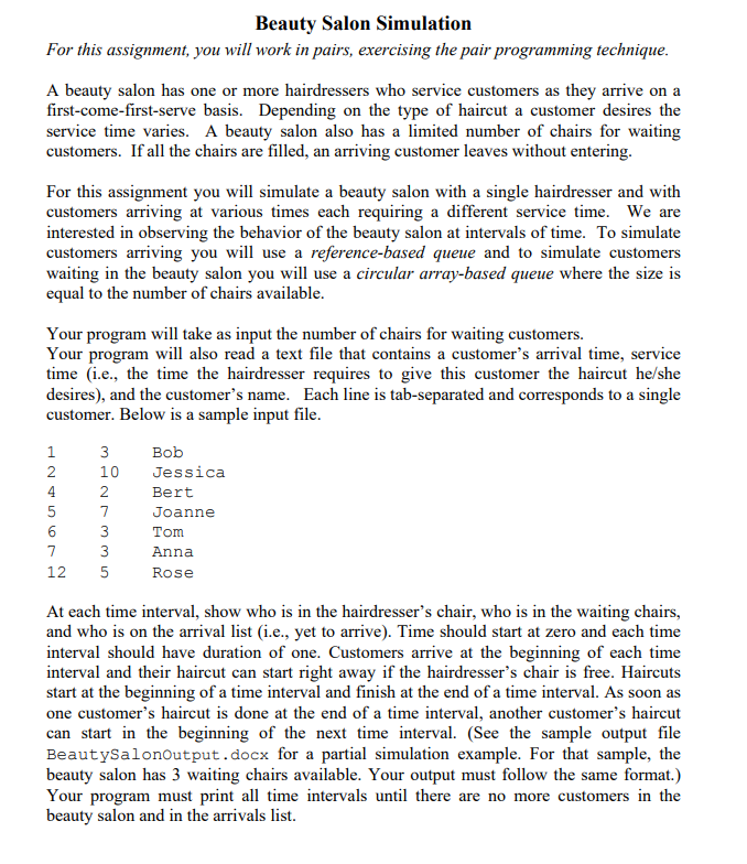 Solved Beauty Salon Simulation For this assignment, you will | Chegg.com