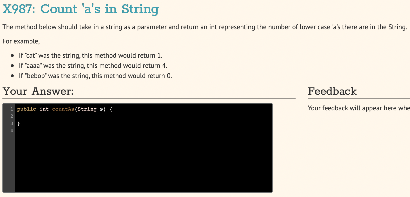 Solved X987: Count 'a's in String The method below should | Chegg.com