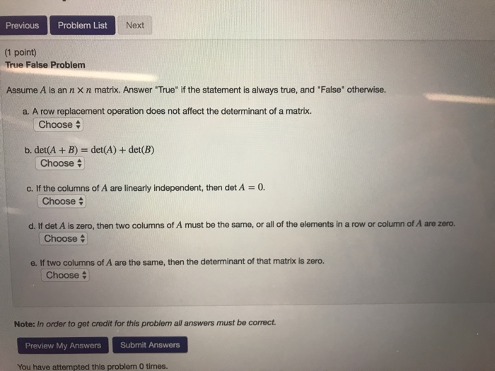 Solved Previous Problem List Next (1 point True False | Chegg.com