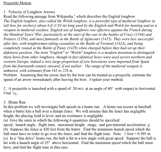 Solved rojectile Motion 1. Velocity of Longbow Arrows Read | Chegg.com