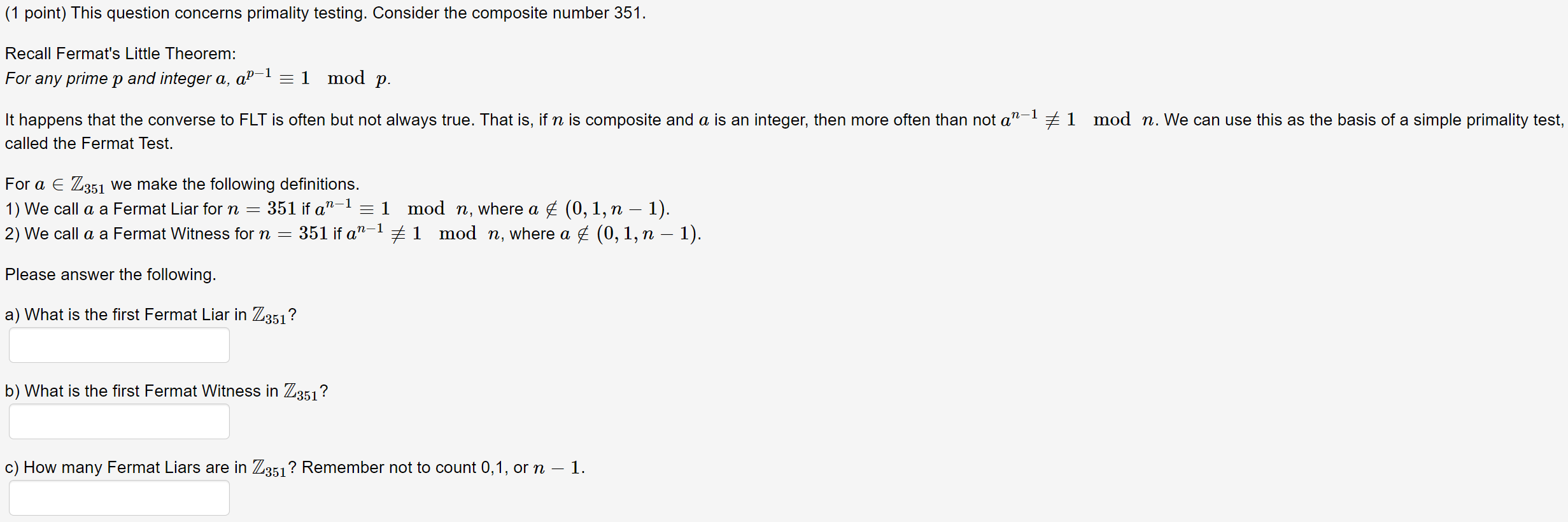(1 point) This question concerns primality testing. | Chegg.com