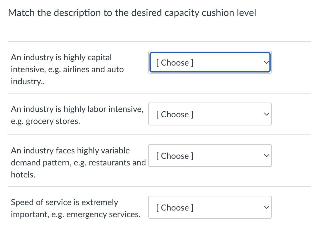 Solved Match the description to the desired capacity cushion | Chegg.com