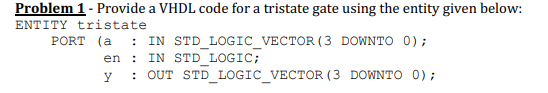 Solved Problem 1 - Provide a VHDL code for a tristate gate | Chegg.com