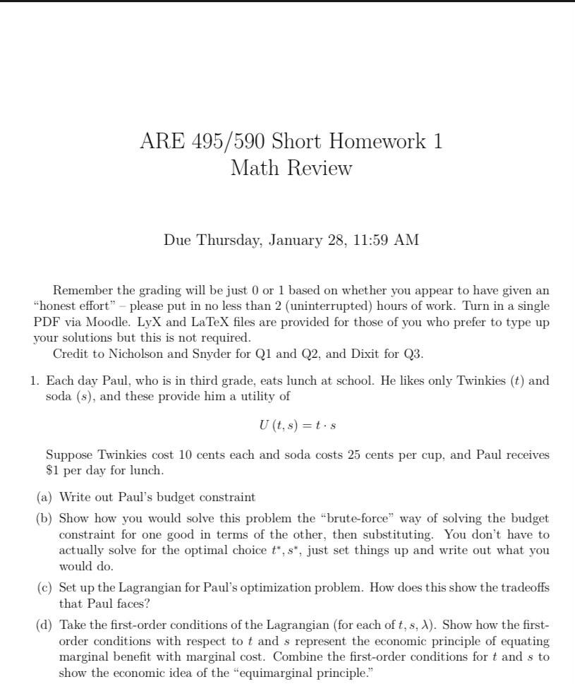 Solved ARE 495/590 Short Homework 1 Math Review Due | Chegg.com