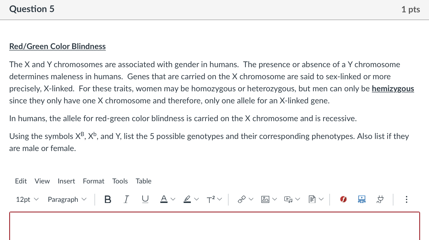 Solved Question 5 1 pts Red/Green Color Blindness The X and | Chegg.com