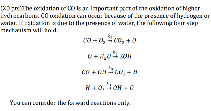 Solved (20 pts)The oxidation of CO is an important part of | Chegg.com