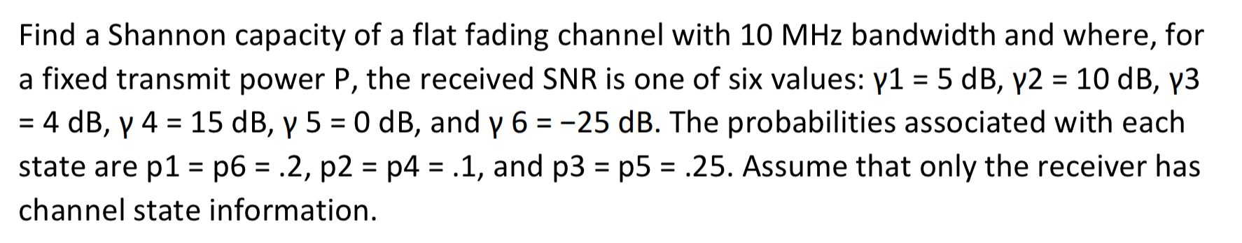 Solved Find a Shannon capacity of a flat fading channel with | Chegg.com