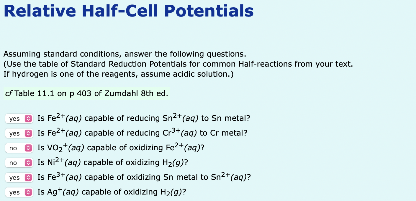 Relative Half-Cell Potentials Assuming standard | Chegg.com