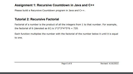 Solved Assignment 1: Recursive Countdown in Java and C++ | Chegg.com
