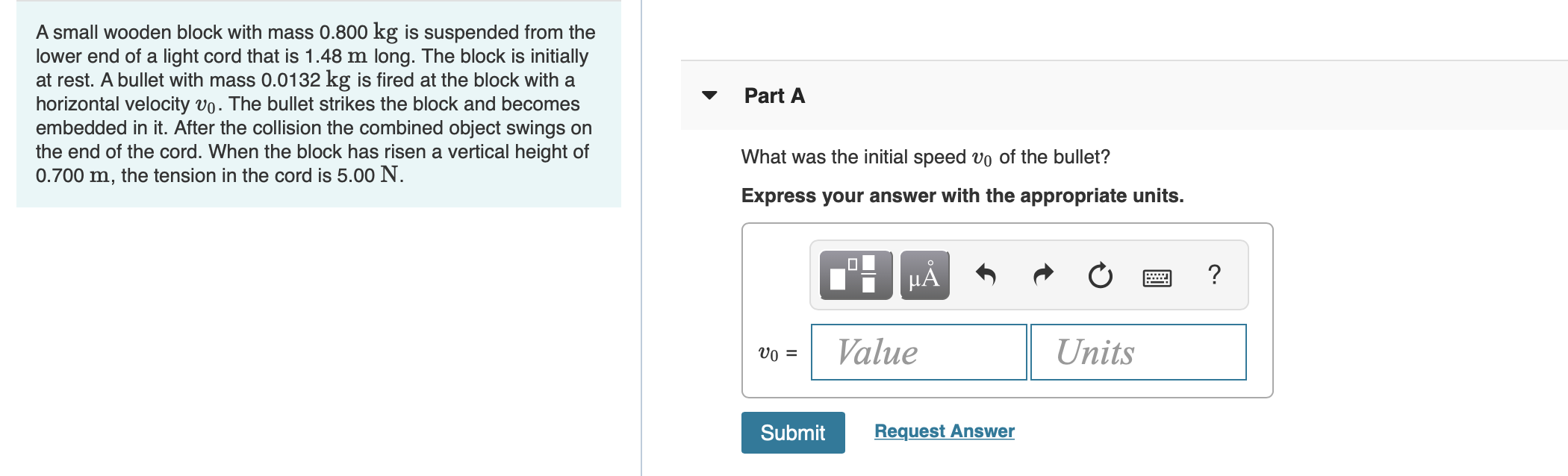 Solved A small wooden block with mass 0.800 kg is suspended | Chegg.com