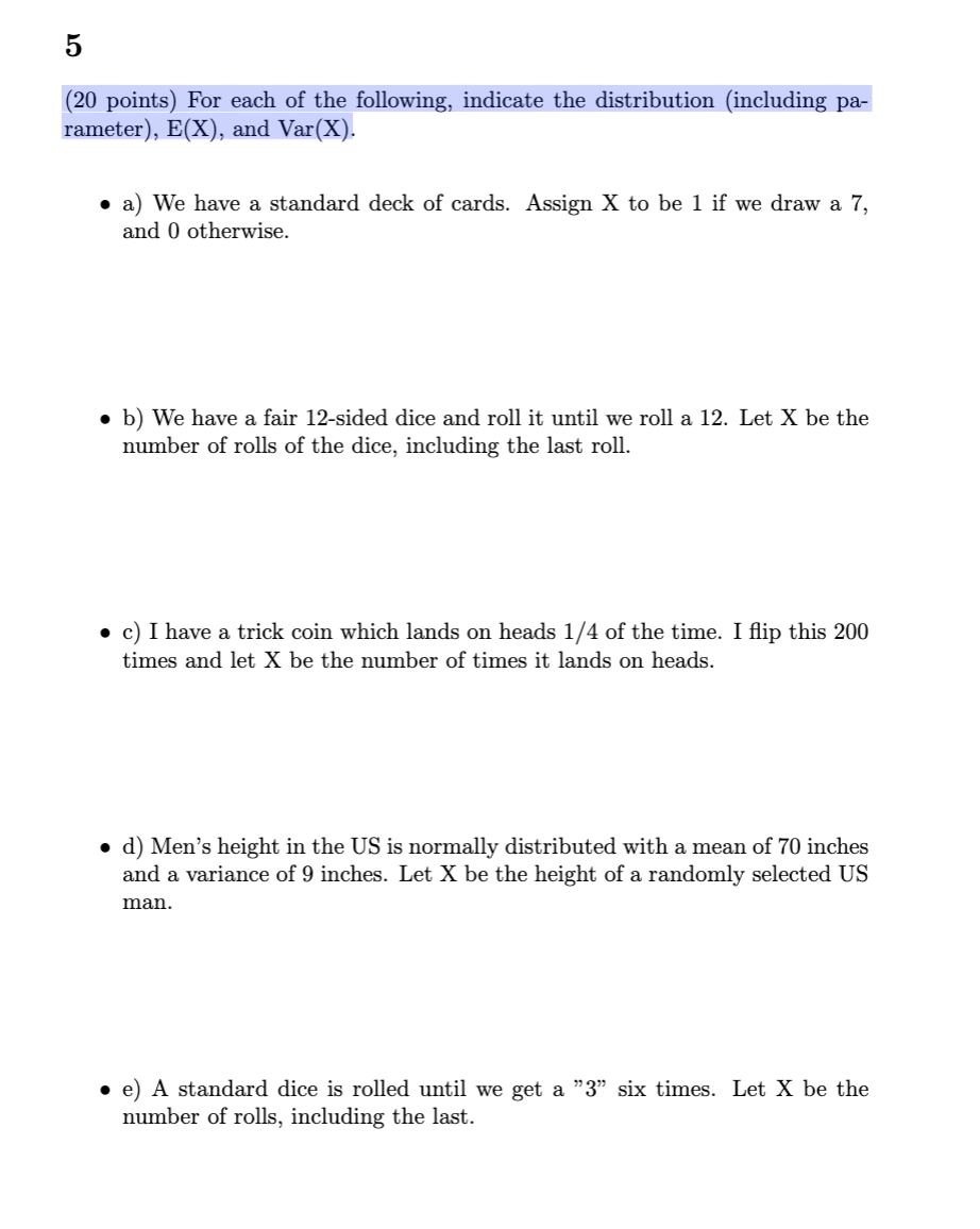 Solved (20 points) For each of the following, indicate the | Chegg.com