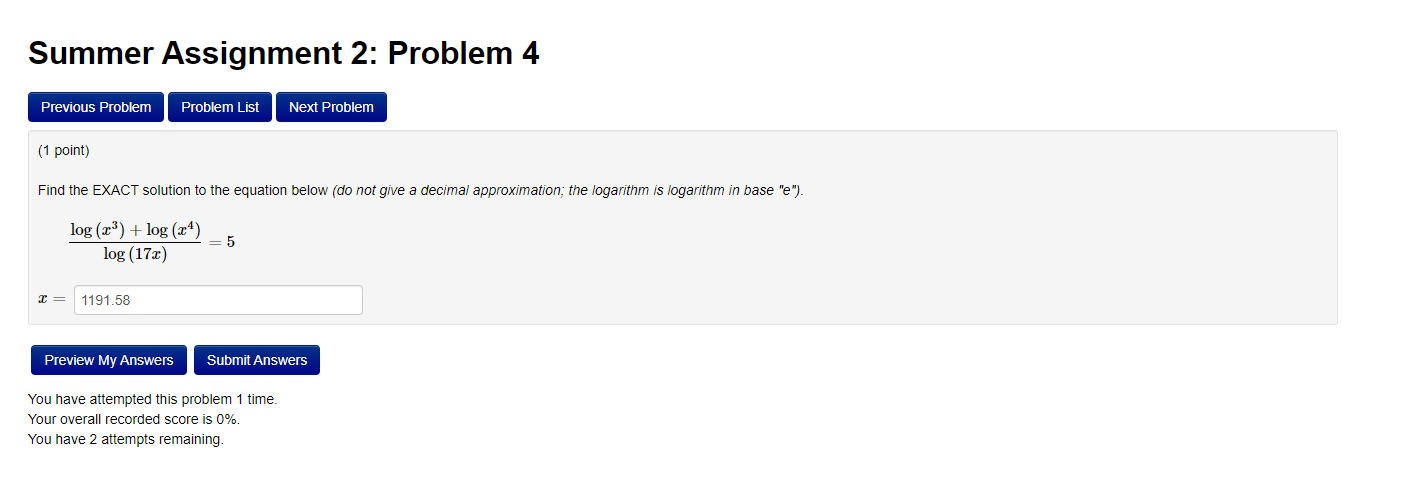 Solved Summer Assignment 2: Problem 4 Previous Problem | Chegg.com