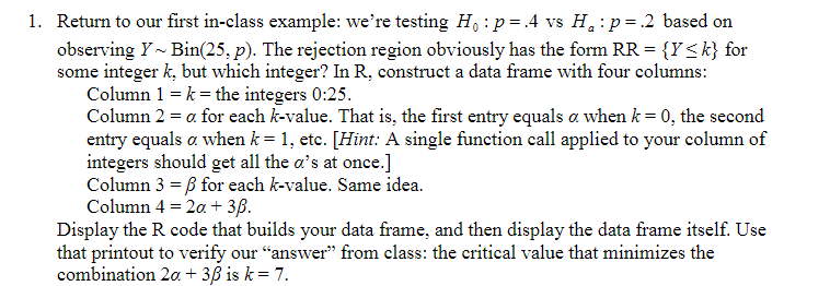 Solved Return to our first in-class example: we're testing | Chegg.com
