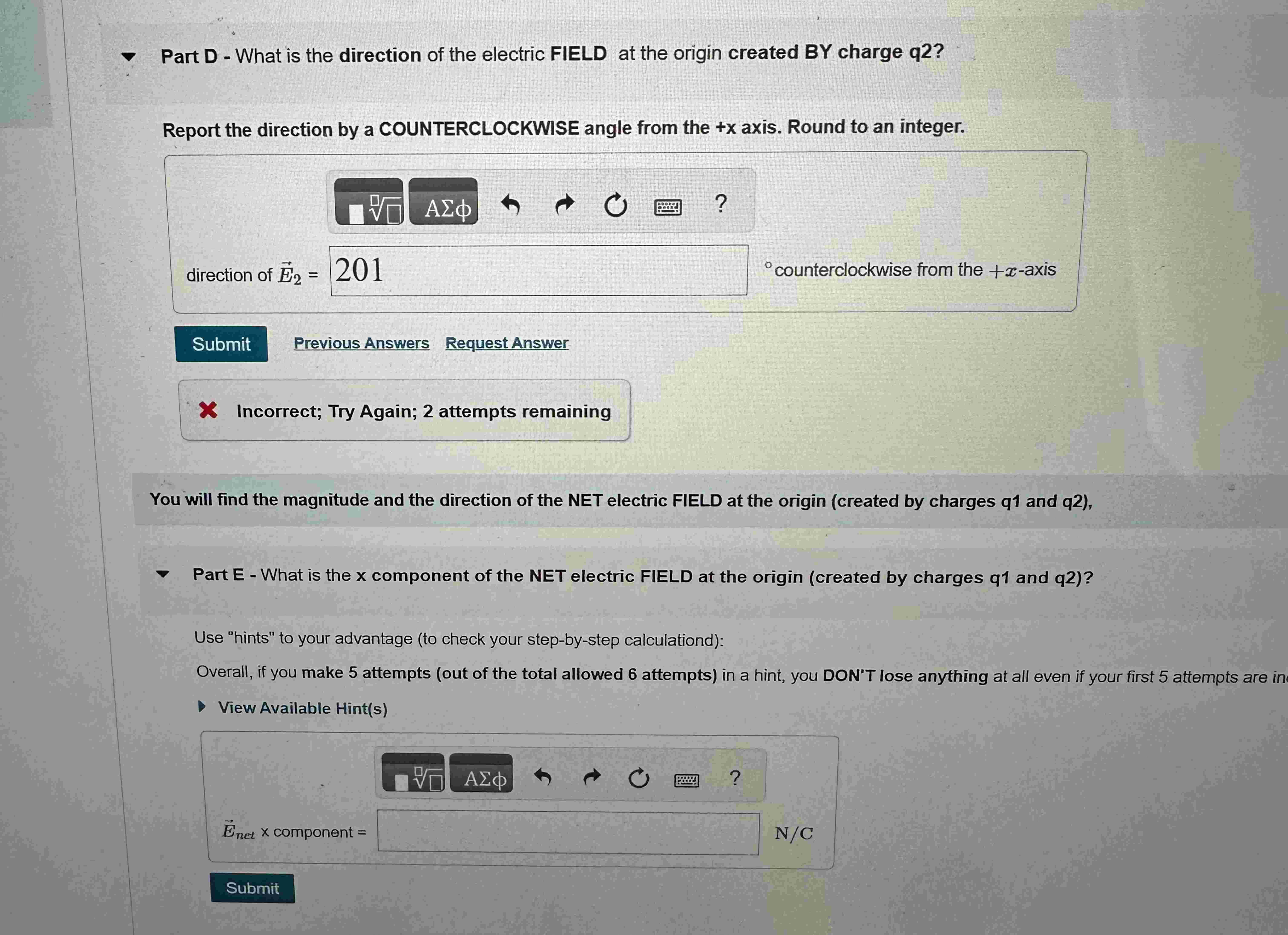 Solved Part D - ﻿What is ﻿the direction of ﻿the electric | Chegg.com