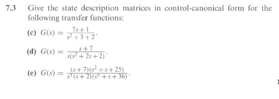 Solved 7.3 ﻿Give the state description matrices in | Chegg.com