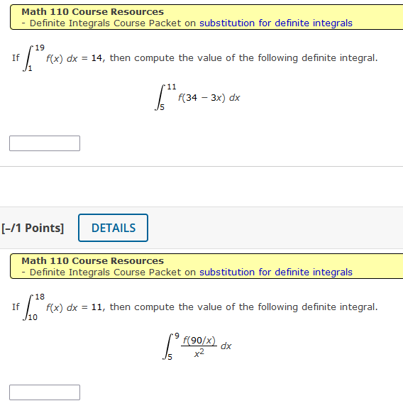 Solved Math 110 Course Resources Definite Integrals Course | Chegg.com