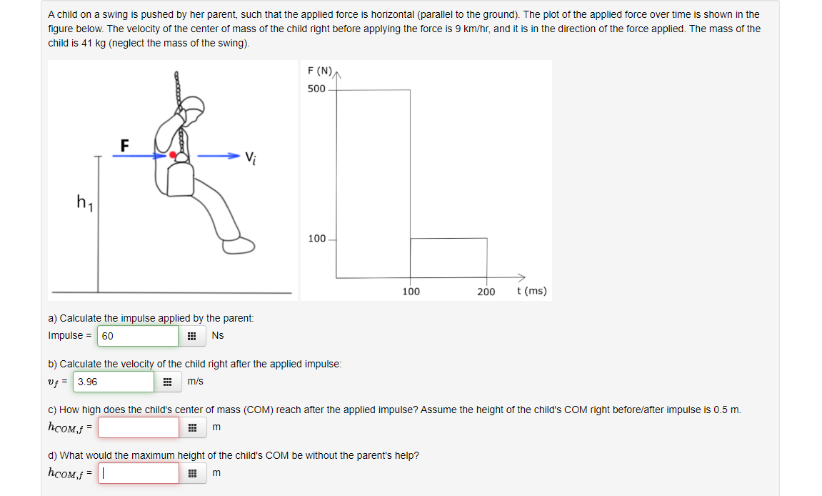 Solved A child on a swing is pushed by her parent, such that | Chegg.com
