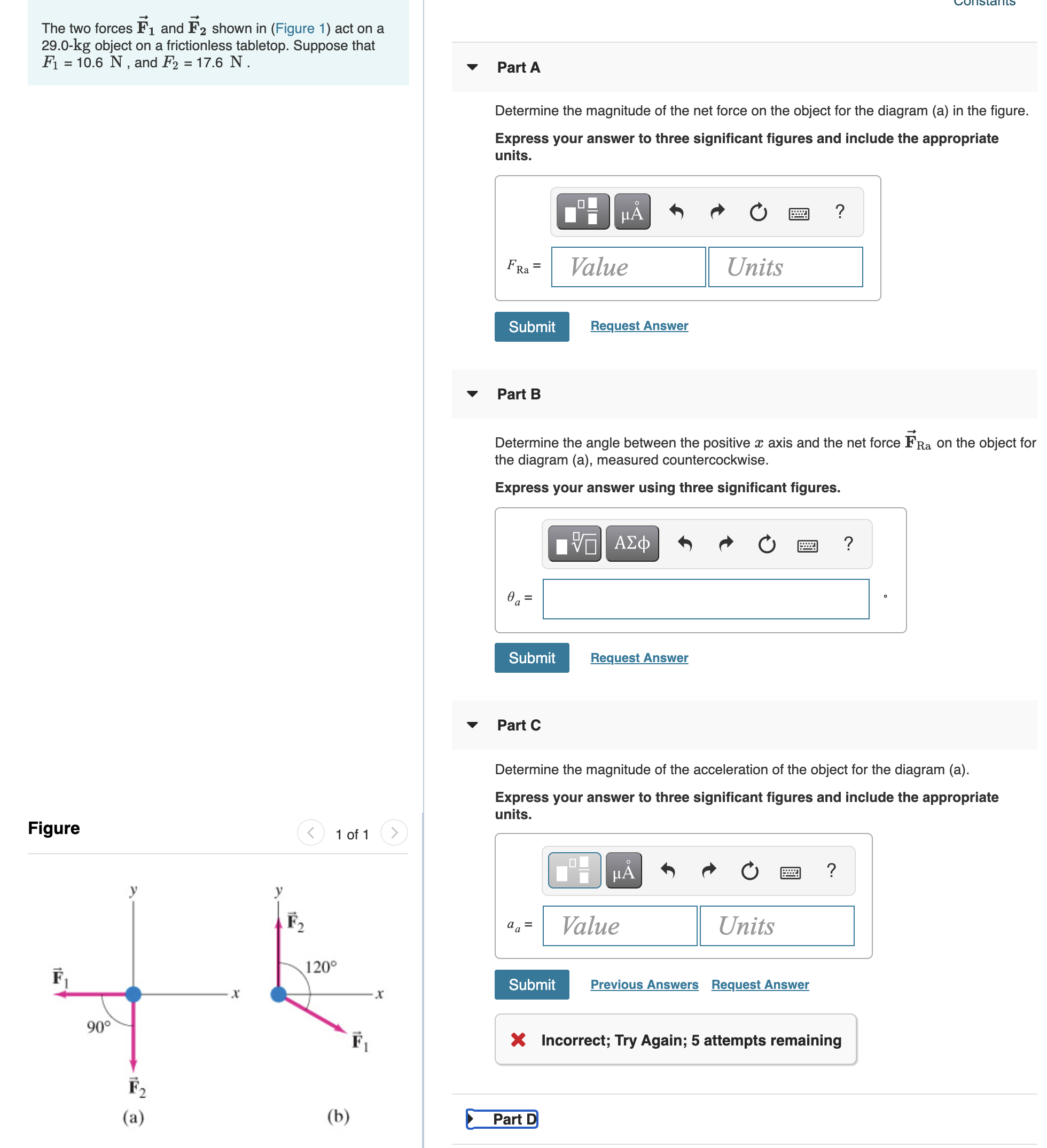 Solved The Two Forces F1 And F2 Shown In Figure 1 Act On A