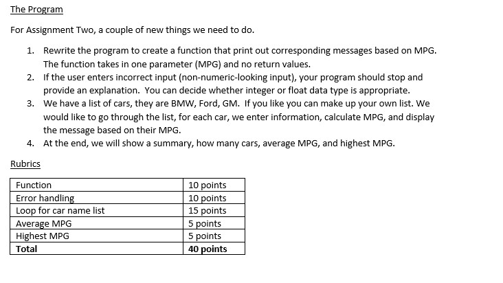 Solved Assignment Two continues the MPG calculator, but | Chegg.com