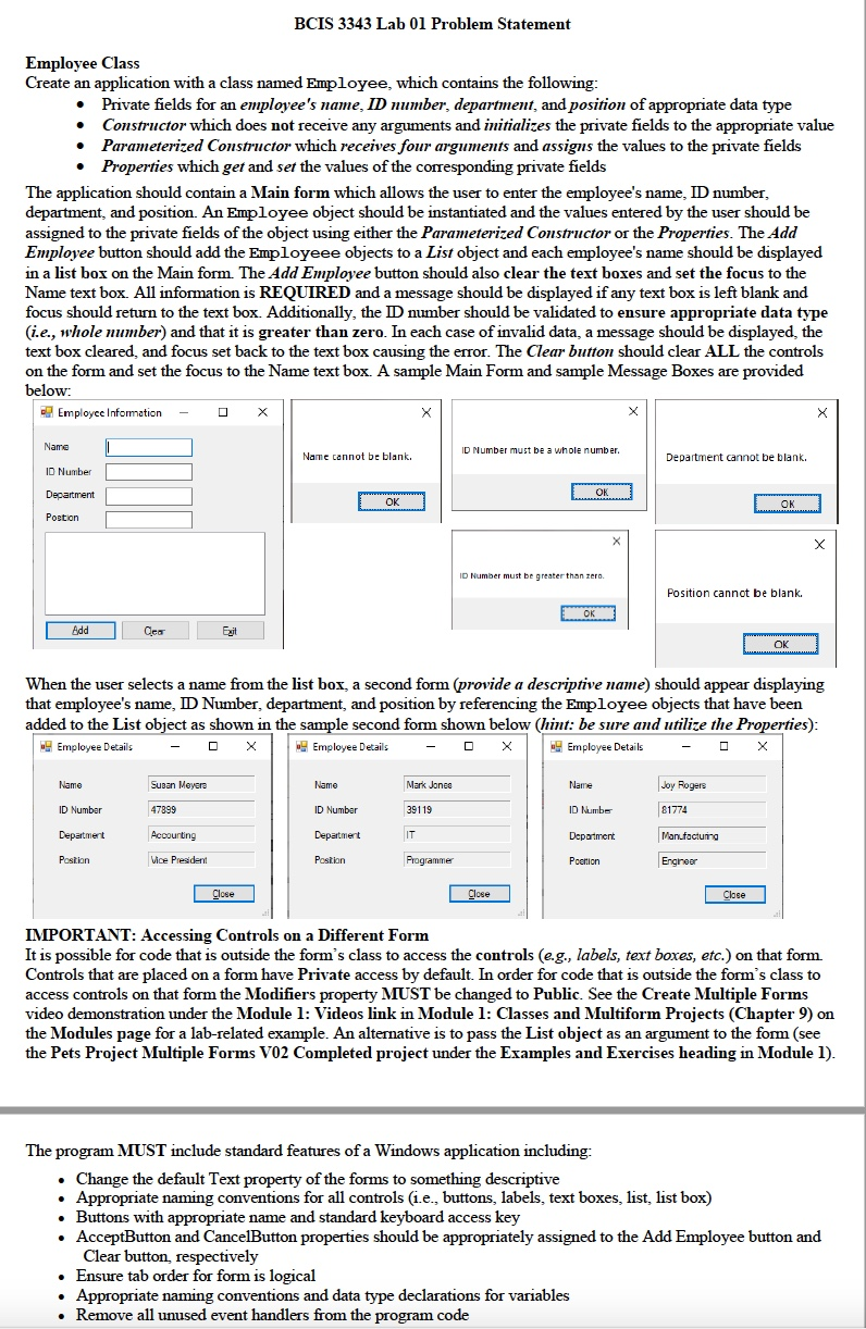 Solved BCIS 3343 Lab 01 Problem Statement Employee Class | Chegg.com Solved BCIS 3343 Lab 01 Problem Statement Employee Class | Chegg.com