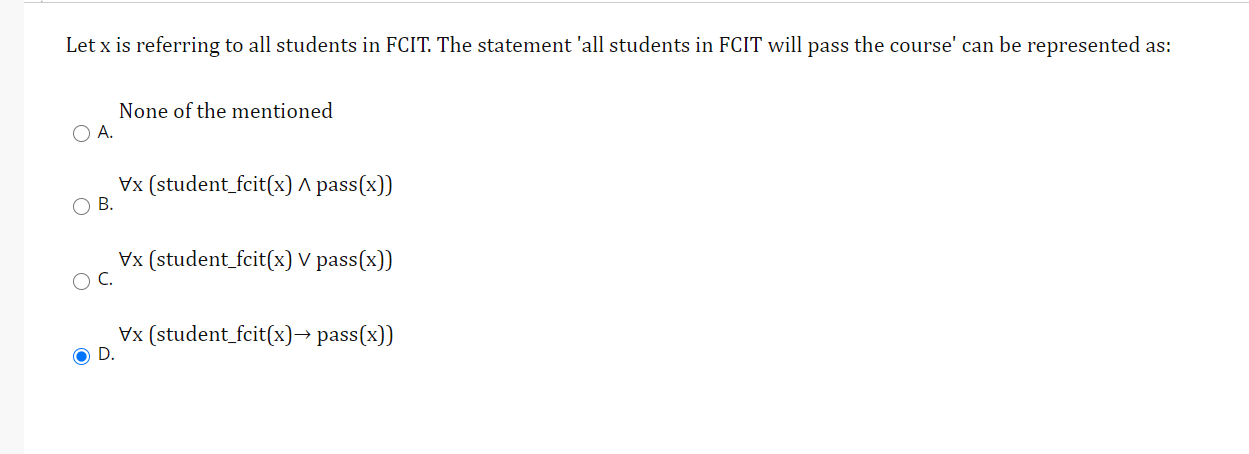 Solved Let x is referring to all students in FCIT. The | Chegg.com