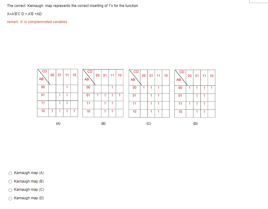 Solved The correct Karnaugh map represents the correct | Chegg.com
