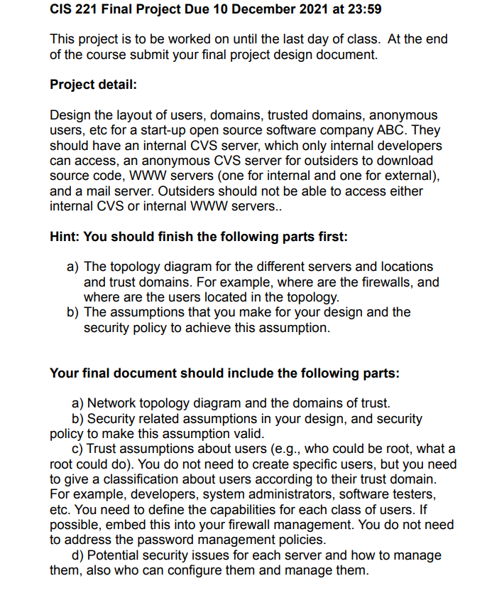 Solved CIS 221 Final Project Due 10 December 2021 at 23:59 | Chegg.com