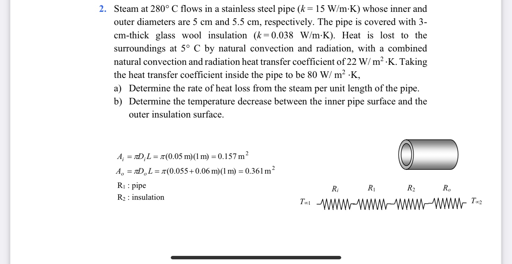 Solved 2. Steam at 280∘C flows in a stainless steel pipe | Chegg.com