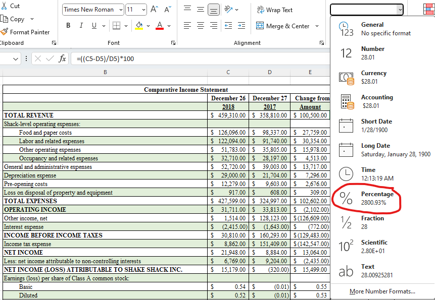 Solved I'm trying to include a % at the end of 28.0 in cell | Chegg.com