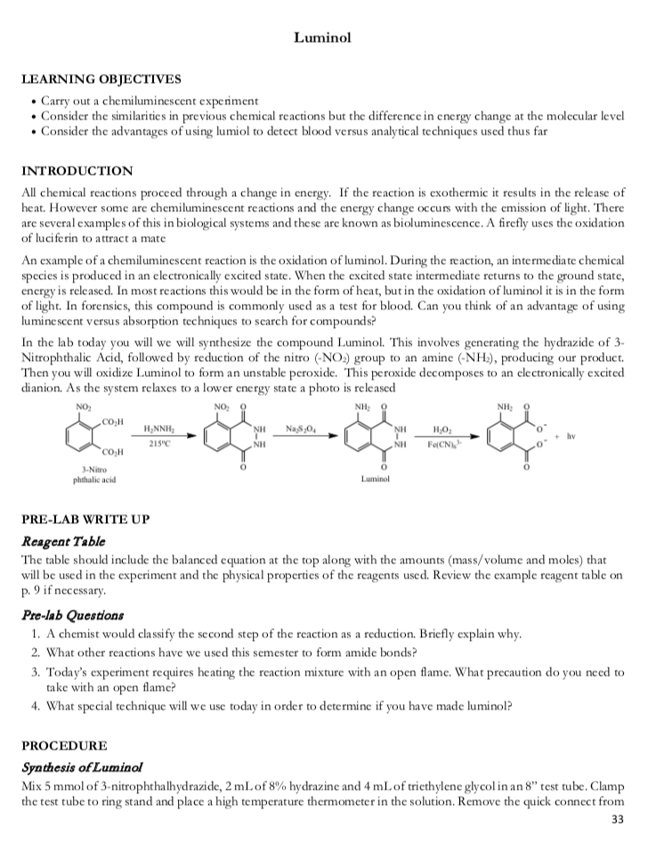 Solved Luminol LEARNING OBJECTIVES • Carry out a | Chegg.com
