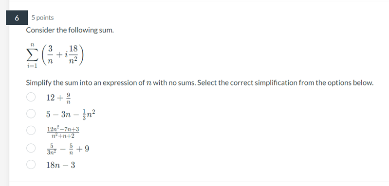 Solved Consider the following sum. ∑i=1n(n3+in218) Simplify | Chegg.com